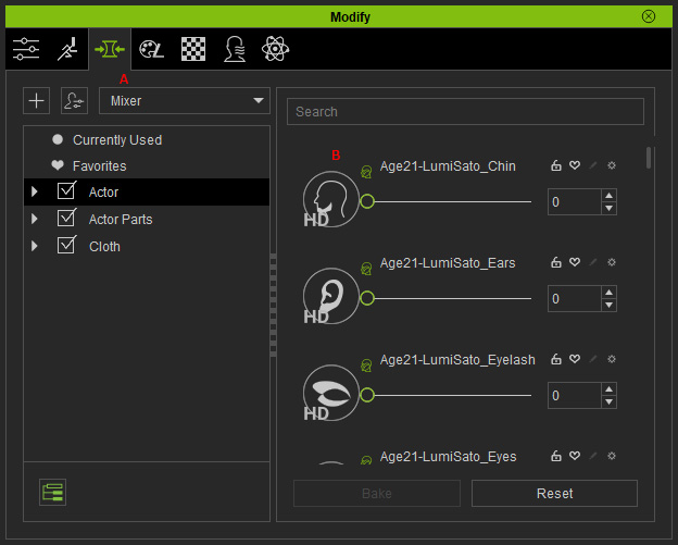 Controls in Modify > Morph Page for ActorMIXER
