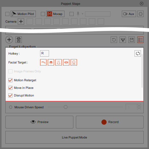 Motion Settings for Expression, Perform and Body Motion Cards
