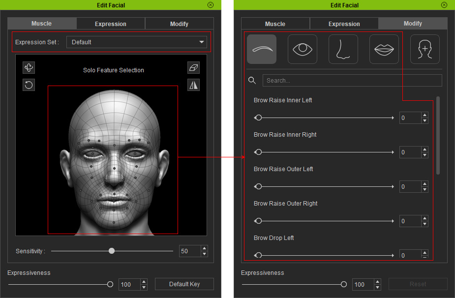 The Settings Relations in Muscle, Expression and Modify Tabs
