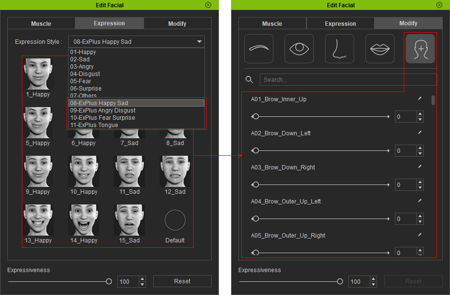 The Settings Relations in Muscle, Expression and Modify Tabs