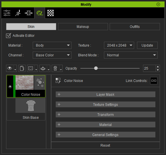 Settings in Appearance Editor - Skin Noise