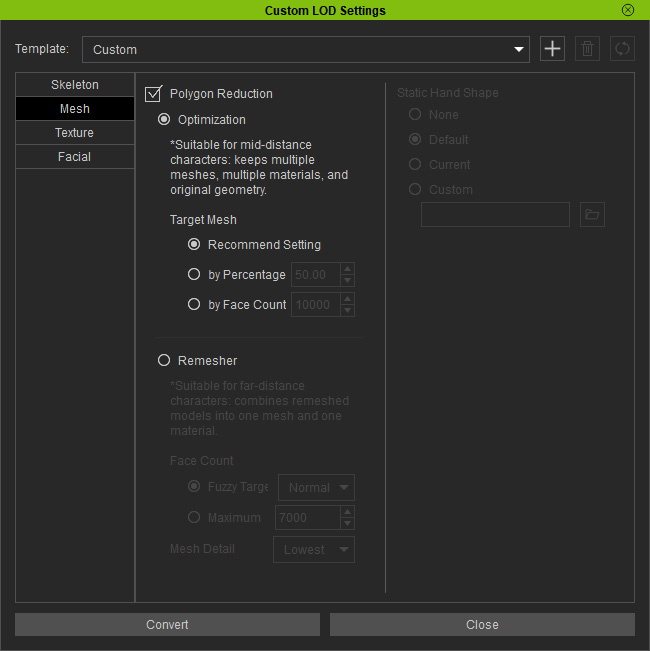 User Interface Introduction for Custom LOD Settings Panel
