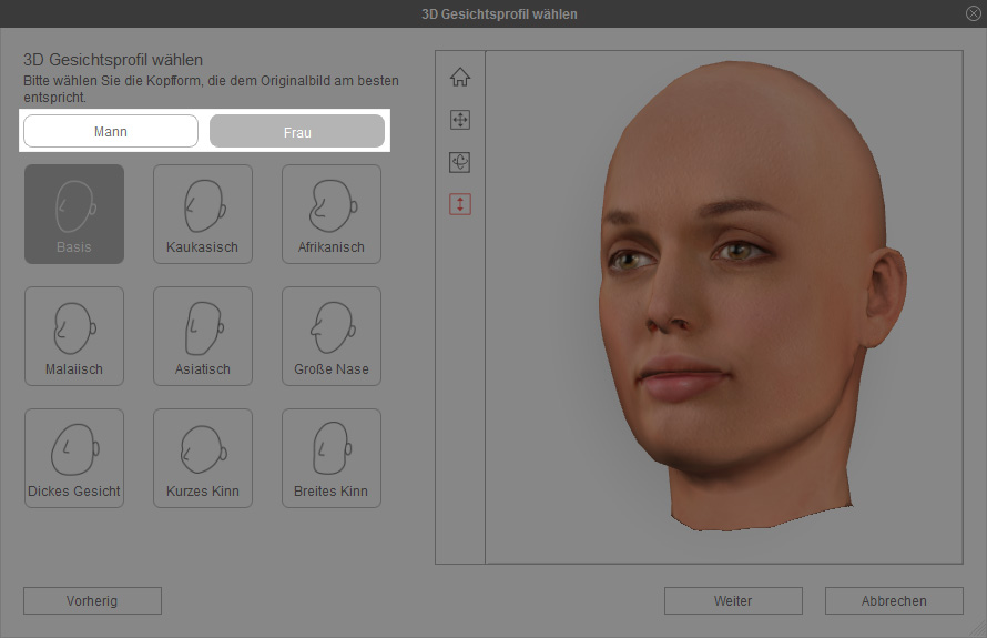 Auswahl eines 3D Gesichtsprofils