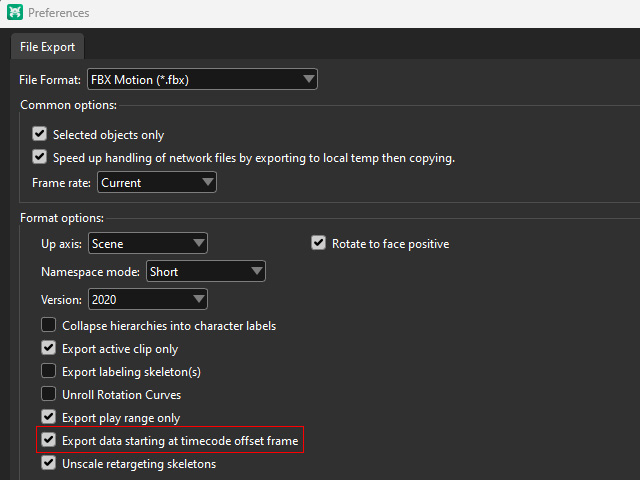 Timecode Settings for FBX File