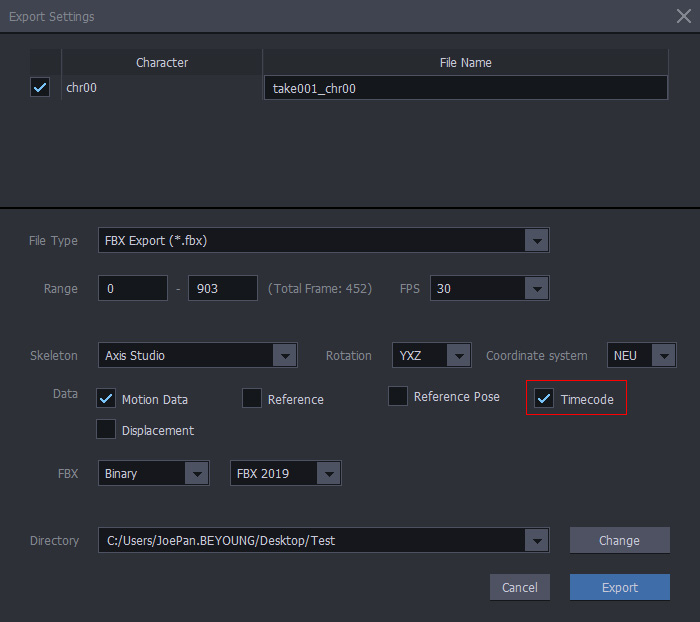 Timecode Settings for FBX File