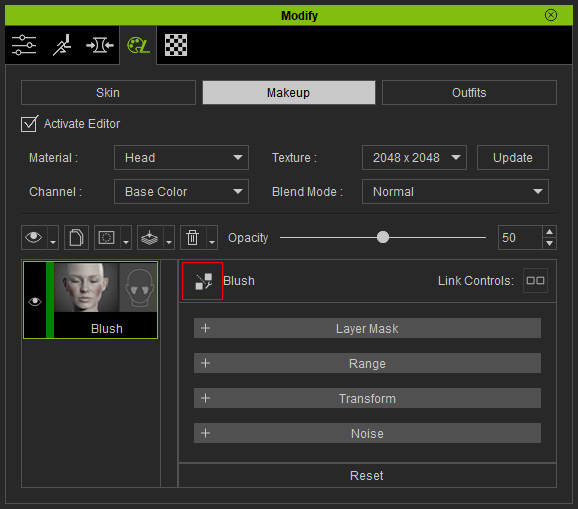 Settings in Appearance Editor - Blush