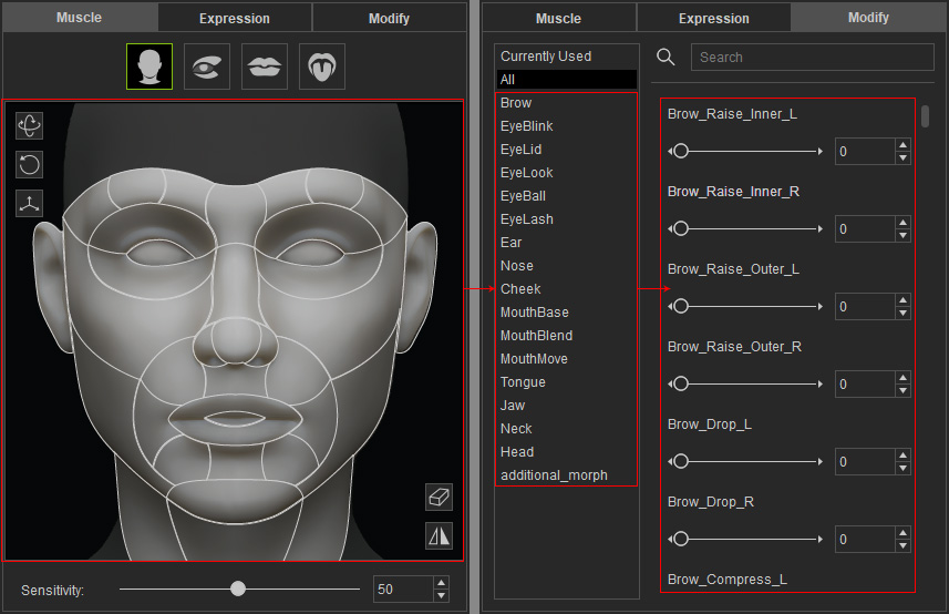 The Settings Relations in Muscle, Expression and Modify Tabs