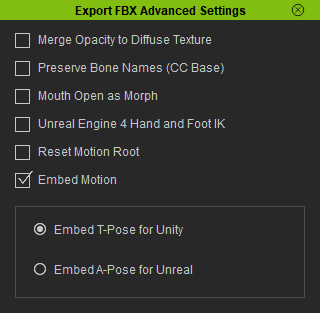 User Interface for Exporting FBX Advanced Settings